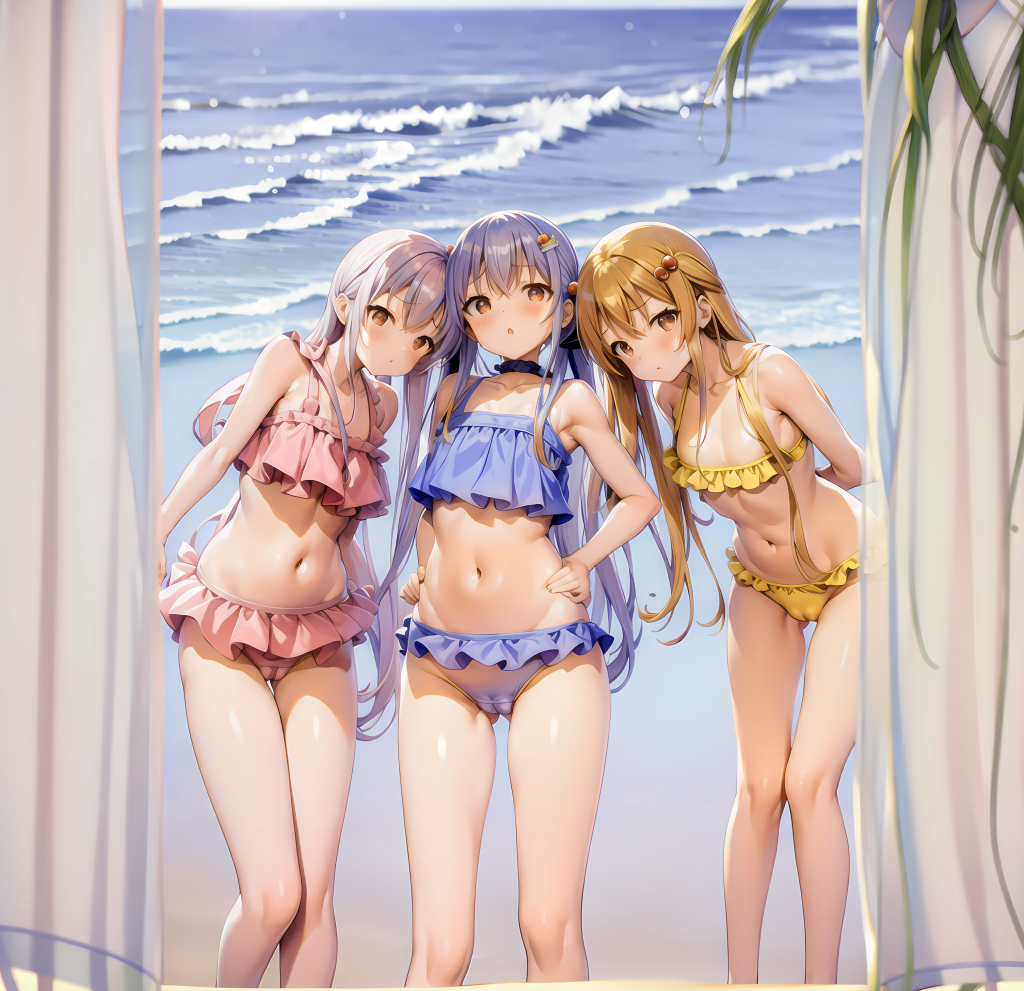 taguma: "#stablediffusion img2img 線画彩色 三人,ビーチ,髪飾,臍,海,水,鎖骨,…" - Pawoo - 創作活動や自由なコミュニケーションを楽しめる場