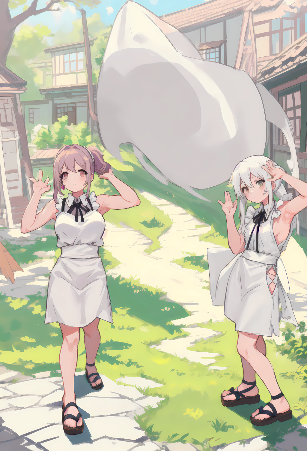 taguma: "#stablediffusion img2img 線画彩色 草,室外,植物,サンダル,挙手,メイド…" - Pawoo ...